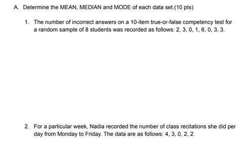 solved determine the mean median and mode of each data set 10 pts 1