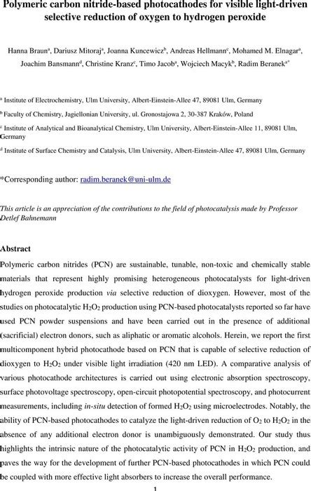Polymeric Carbon Nitride Based Photocathodes For Visible Light Driven