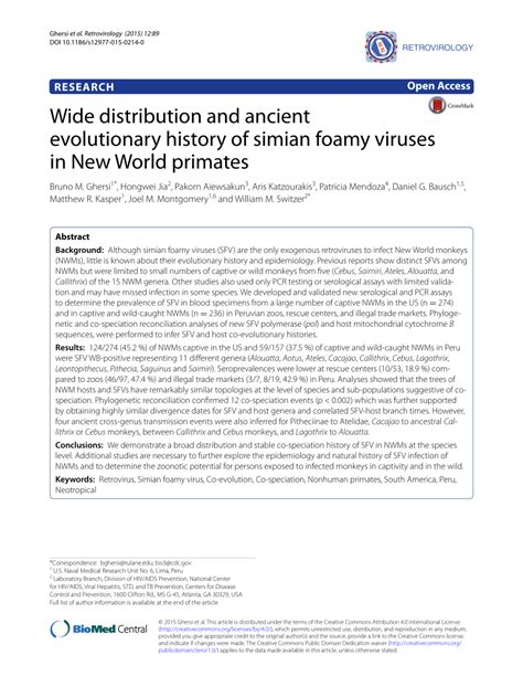 Pdf Wide Distribution And Ancient Evolutionary History Of Simian Foamy Viruses In New World