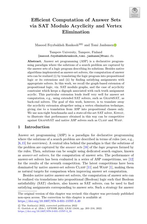 Pdf Efficient Computation Of Answer Sets Via Sat Modulo Acyclicity And Vertex Elimination