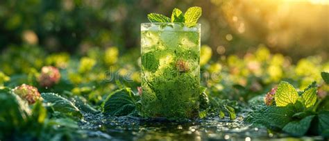 Glass Of Refreshing Green Iced Tea Surrounded By Mint Leaves And Water