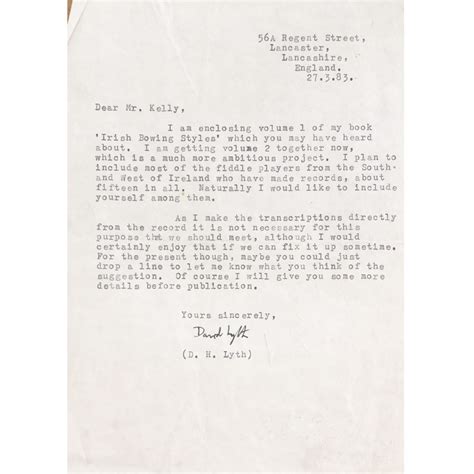 David Lyth Letter 1983 John Kelly Capel Street
