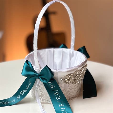 Teal Flower Girl Basket Teal Wedding Basket Personalized Basket Lace Flower Girl Baskets