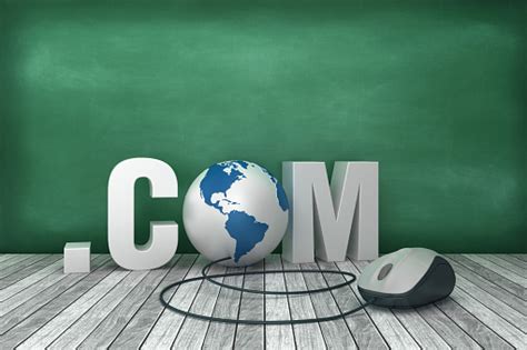 칠판 배경에 글로브 월드와 컴퓨터 마우스와 3d 워드 Com 3d 렌더링 Com에 대한 스톡 사진 및 기타 이미지