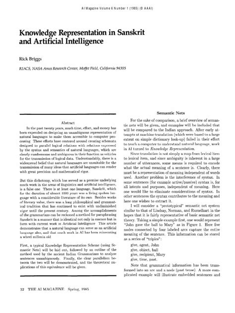 Ai Magazine Spring 1985 Briggs Knowledge Representation In Sanskrit And Artificial