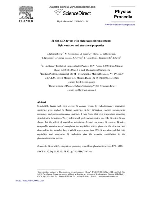 Pdf Si Rich Sio 2 Layers With High Excess Silicon Content Light