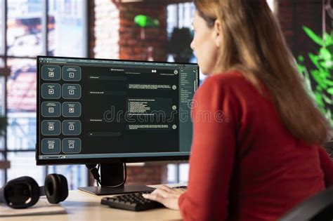 Adult Types Prompts On A Pc To Receive Ai Generated Responses Stock