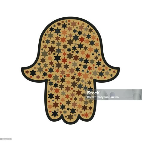 종교적 상징의 전통적인 동양 또는 인도 신성한 부적은 모자이크 스타일의 여러 가지 빛깔의 별과 함께 다윗의 손 함사입니다 흰색 배경에 격리된 벡터 그림 0명에 대한 스톡