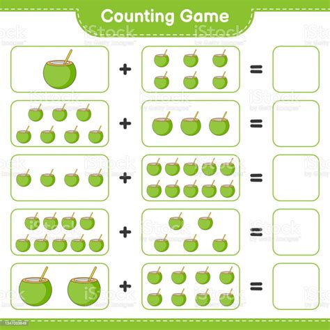 게임을 계산 코코넛의 수를 계산하고 결과를 작성합니다 교육 어린이 게임 인쇄 워크 시트 벡터 일러스트레이션 0명에 대한 스톡 벡터 아트 및 기타 이미지 Istock
