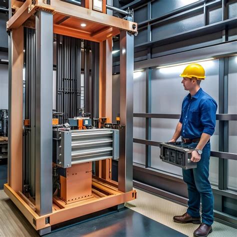 A Worker In A Hard Hat Stands Beside A Partially Disassembled Elevator
