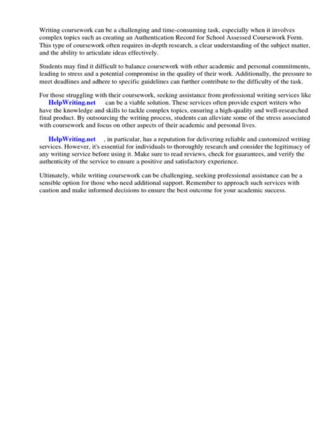 Authentication Record For School Assessed Coursework Form Pdf