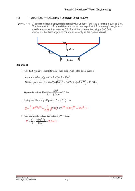 Tutorial Solution Chapter Week Yr Tutorial Solution Of Water Engineering TUTORIAL