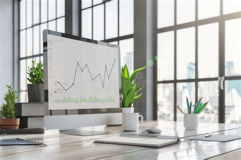 A Bright Office Workspace Showcases A Computer Displaying Data Trends