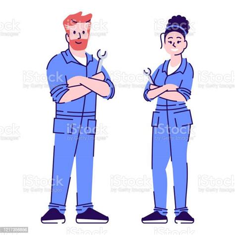 자동 역학 플랫 벡터 문자입니다 자동차 수리 여성 기술자 동료 개요와 만화 일러스트 자동 작업장 자동차 정비 서비스 노동자 흰색에 고립 된 핸디 기계공에 대한 스톡 벡터