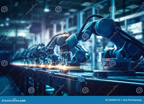 Automatic Robotic Arms For Electronic Assembly Line In A Smart Modern