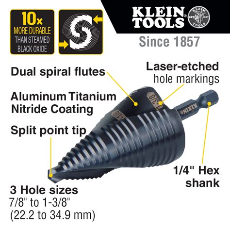 Step Drill Bit Quick Release Double Spiral Flute 78 To 1 38 Inch Qrst15 Klein Tools