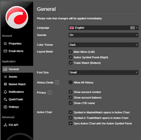 Settings Ctrader Web Settings Ctrader Web
