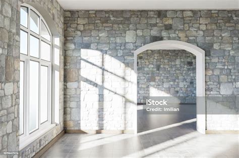 아치형 창문과 미니멀한 인테리어 거실 디자인을 갖춘 고급스러운 로프트 아파트 3d 일러스트레이션 0명에 대한 스톡 사진 및 기타 이미지 Istock