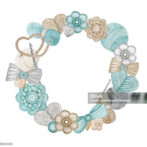 블루 그레이 베이지 색 크로 셰 뜨개질 가게 로고 타입 라운드 프레임 브랜딩 후크 원사 크로 셰 뜨개질 심장 활 꽃의 아바타