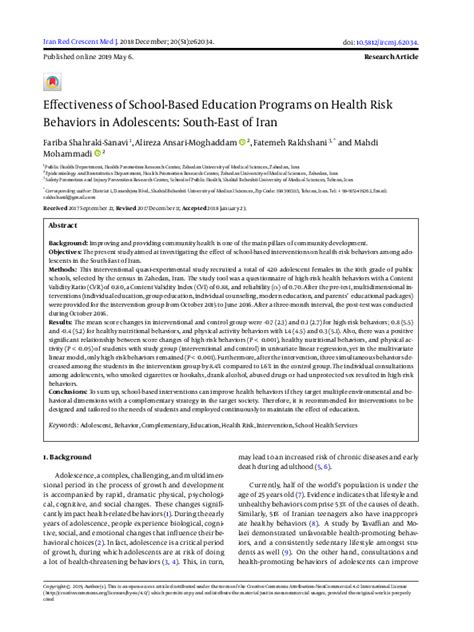 Pdf Effectiveness Of School Based Education Programs On Health Risk Behaviors In Adolescents