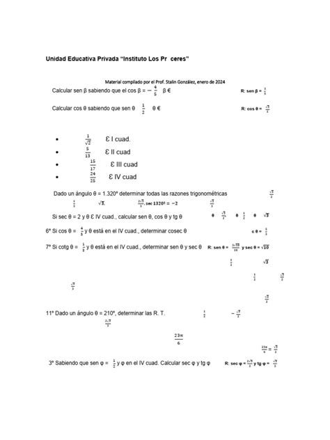 7 Razones Trigonométricas En Diversos Cuadrantes Pdf