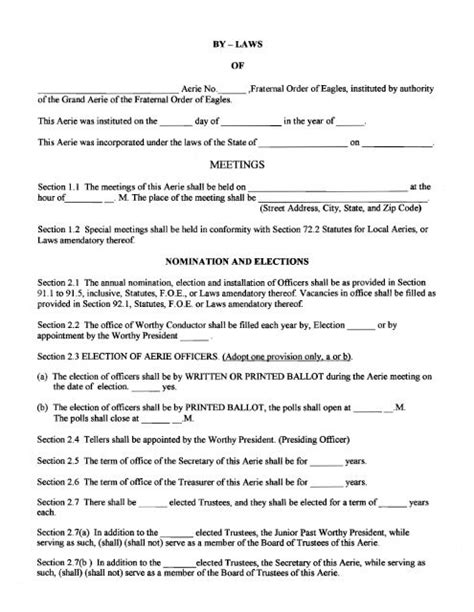 By Laws Blank Form Fraternal Order Of Eagles