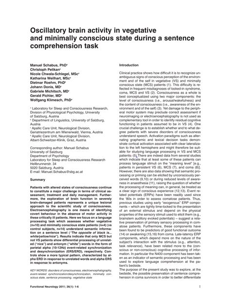 Pdf Oscillatory Brain Activity In Vegetative And Minimally Conscious
