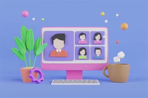 가정 화상 통화 온라인 작업 회의 개념의 3d 그림 온라인 회의 가상 회의 화상 통화 브리핑 3d 모양의 팀워크 개념 채팅 상자 톱니바퀴 인포 그래픽 3d 렌더링 3차원