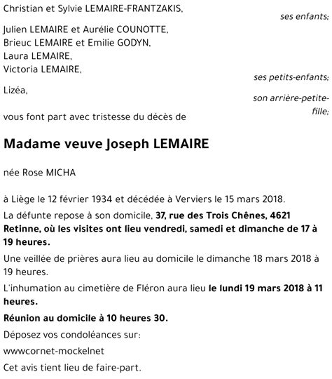 Avis De Décès De Rose Micha Décédé Le 15 03 2018 à Verviers Annonce Condoléances Fleurs Etc