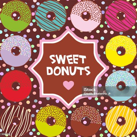 텍스트 프레임입니다 달콤한 도넛 장식 및 Sprinkls 격리 배너 디자인 카드 서식 폴카 도트 브라운 바탕에 파스텔 색상으로 설정합니다 벡터 갈색에 대한 스톡 벡터 아트