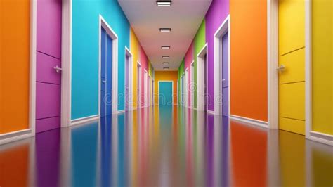 Colorful Hallway With Vibrant Doors In A Modern Building Reflecting