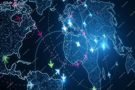 어두운 벽지 비행 경로 비행기 네트워크 및 글로벌 운송 인터페이스 3d 렌더링에 Ariplane 연결이 있는 독창적인 빛나는 디지털 지도 프리미엄 사진