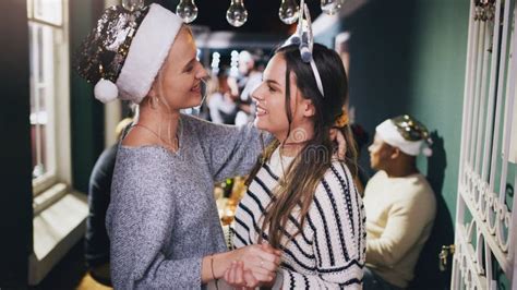 Lesbian Couple Dance And Christmas Party In Home Or Festive
