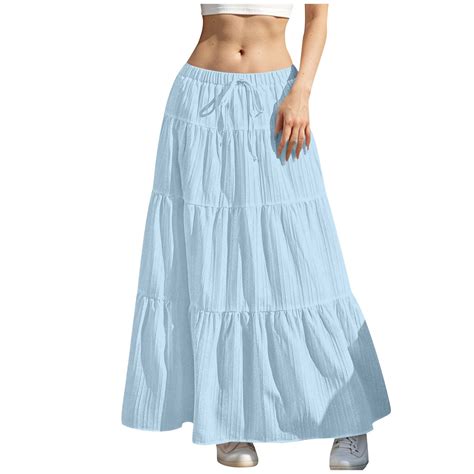 Womens Maxi Skirts Ruffle Tiered Flowy Swing Long Skirt Elastic Waist