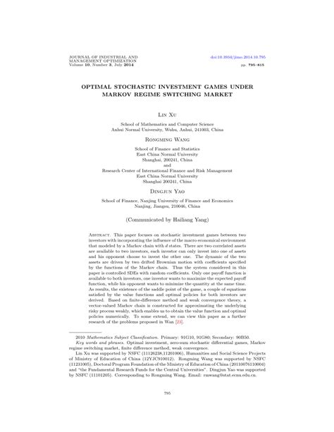 Pdf Optimal Stochastic Investment Games Under Markov Regime Switching Market