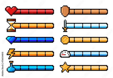 8bit Pixel Arcade Game Experience Bars And Energy Levels Vector Ui