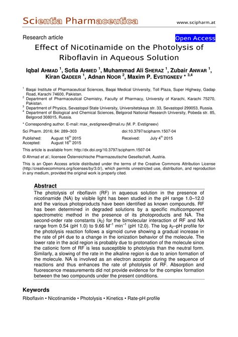 Pdf Effect Of Nicotinamide On The Photolysis Of Riboflavin In Aqueous Solution