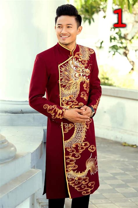 Rote Ao dai Vietnam für Männer Hochwertige handgezeichnete Etsy