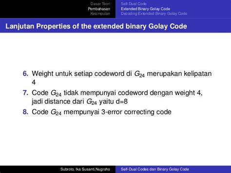 Self Dual Codes And Binary Golay Code Presentation