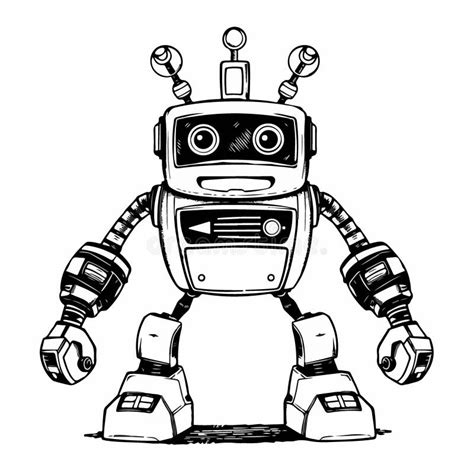 Toy Robot As Black And White Ink Vector Design Set For Multiple