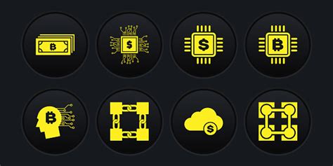 비트 코인 의 생각 Cpu 마이닝 농장 블록 체인 기술 암호 화폐 클라우드 달러와 아이콘 프로세서 칩을 설정합니다 벡터 Cpu에 대한 스톡 벡터 아트 및 기타 이미지