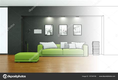 Interior Design Living Room Drawing Gradation Into Photograph — Stock