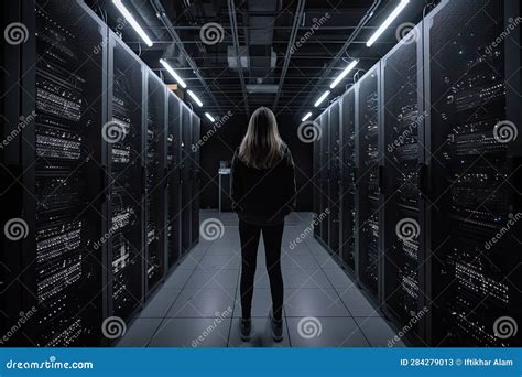 Back View Of A Young Woman Standing In The Server Room With Rows Of