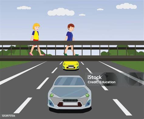 보도 교량 고가도로 횡단 보도를 사용하는 어린이 지하도 교통 교육 어린이를 위한 교통 규칙 교통 표지판 브리지 보행자 다리 도로에 대한 스톡 벡터 아트 및 기타 이미지