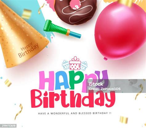 생일 축하합니다 인사말 카드 클립 아트 포스터 디자인 파티 모자 풍선 및 도넛 축제 요소가 있는 생일 축하 인사말 텍스트 3차원 형태에 대한 스톡 벡터 아트 및 기타 이미지
