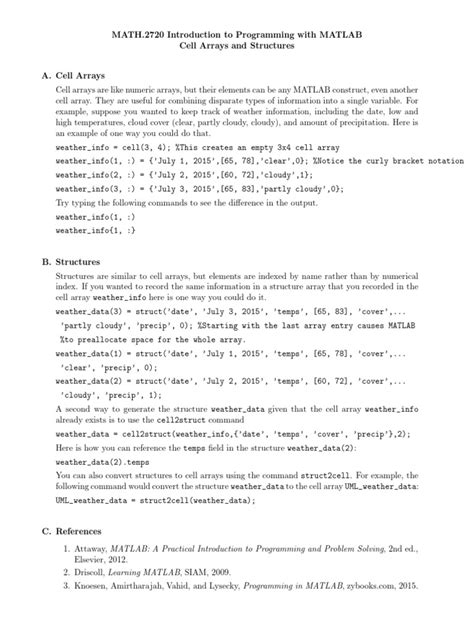Notes On Cell Arrays And Structures S17 Pdf Matlab Computer