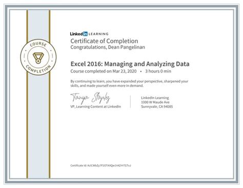Linkedin Certificate Excel 2016 Managing And Analyzing Data Ppt