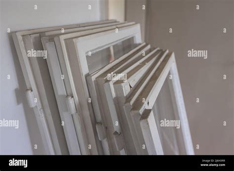 Collection Of Old Used Wooden Windows Ready To Be Taken To The Dump Renewal Of House Removing