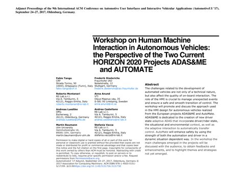 Pdf Workshop On Human Machine Interaction In Autonomous Vehicles The