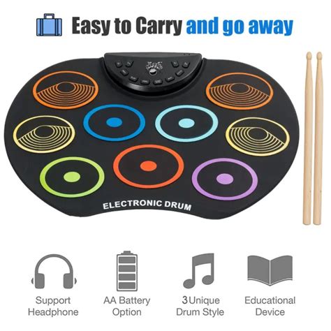 Roll Up Drum Set Silicone Electronic Drum Pad Kit Digital Usb 9 Pads